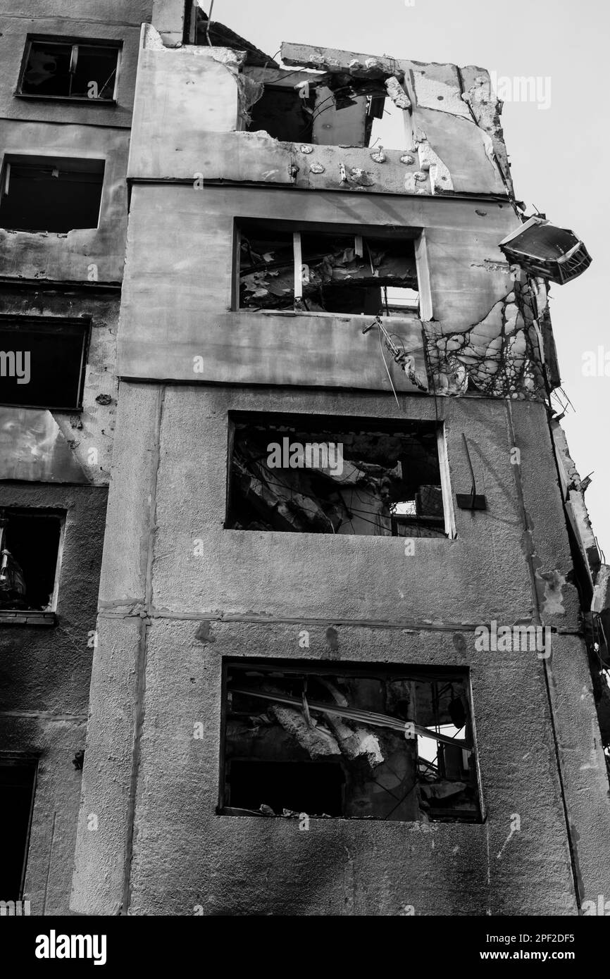 Facade of a building that burned down following artillery fire. Most ...