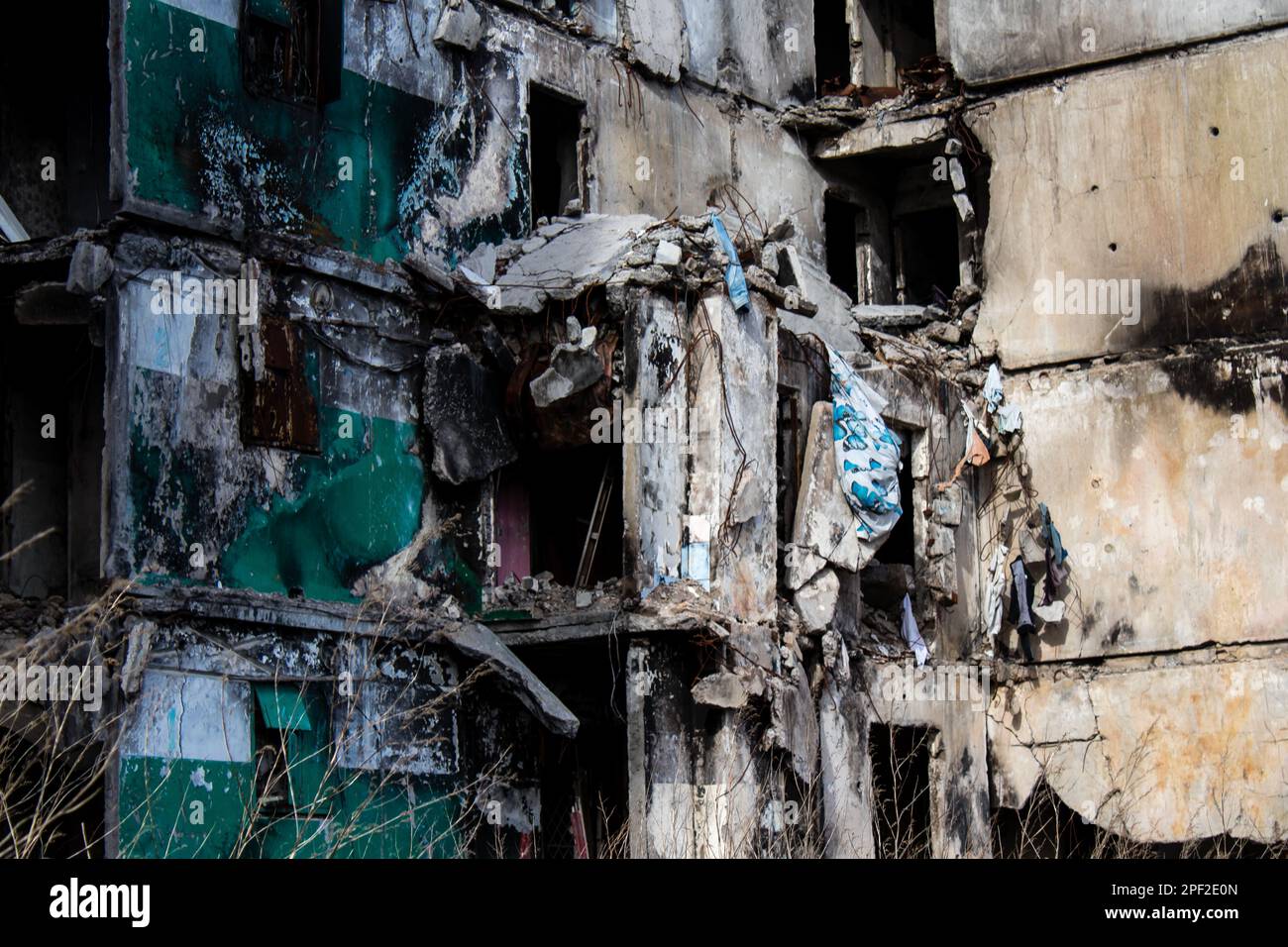 Facade of a building that burned down following artillery fire. Most ...