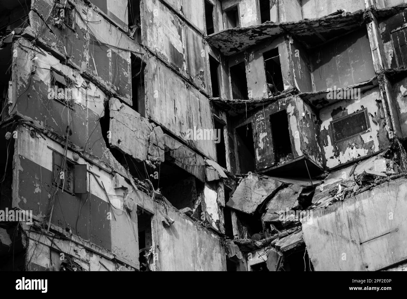 Facade of a building that burned down following artillery fire. Most ...