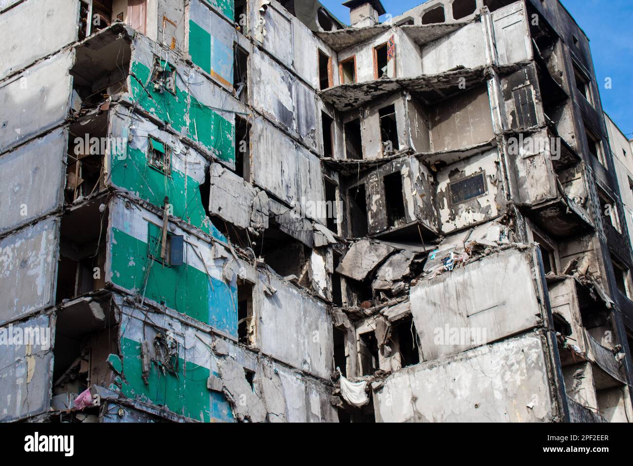 Facade of a building that burned down following artillery fire. Most ...