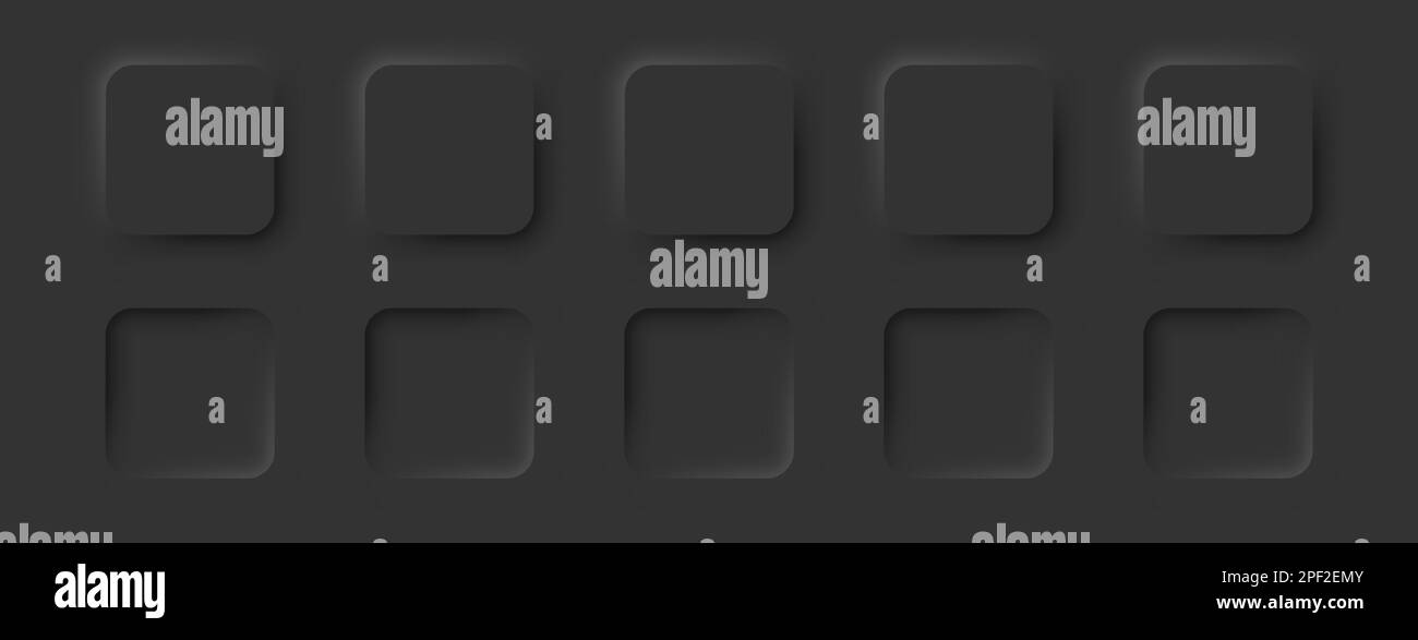 Square buttons with rounded edges in a neomorphic style. A set of user interface design elements ...