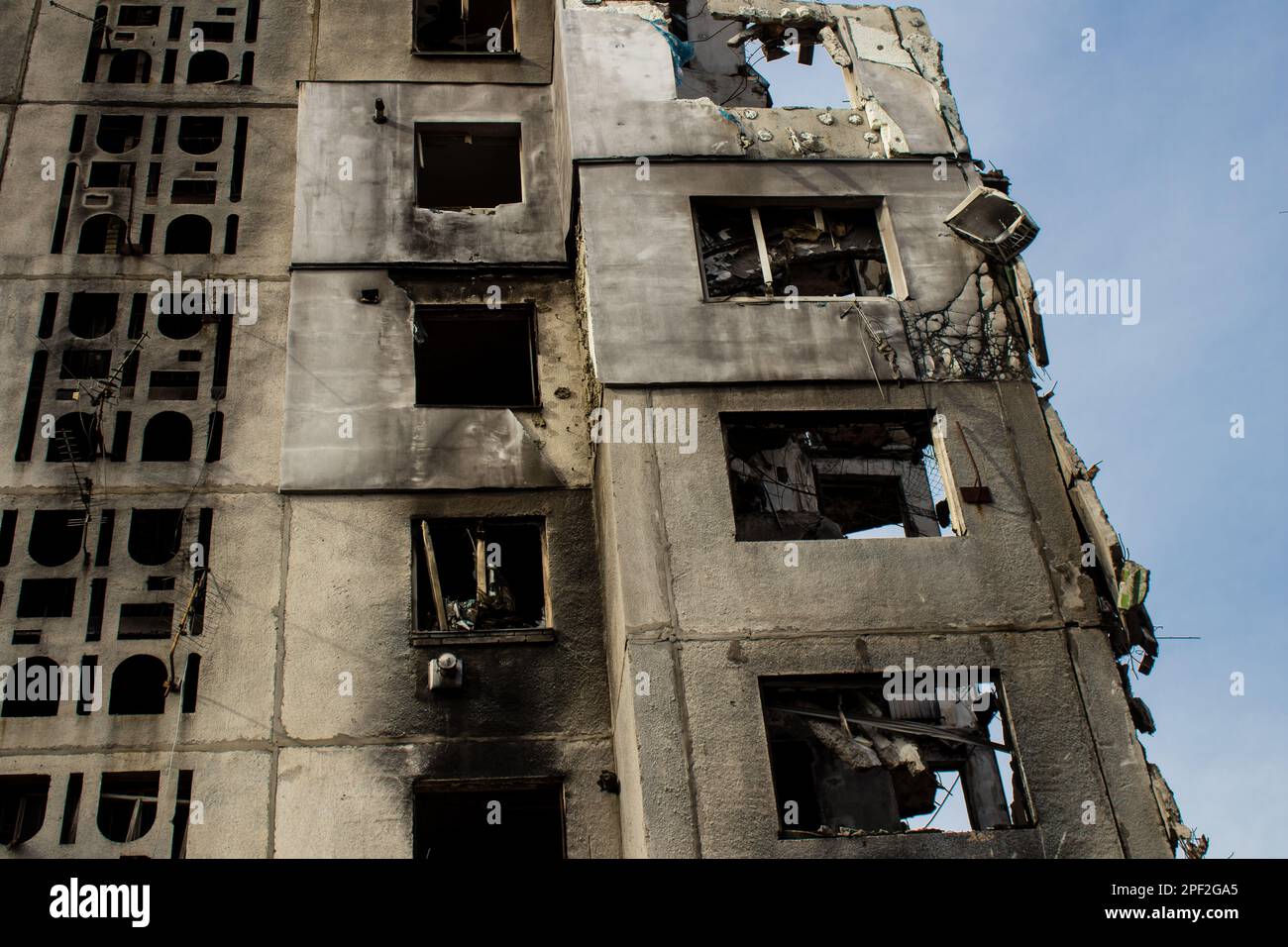 Facade of a building that burned down following artillery fire. Most ...