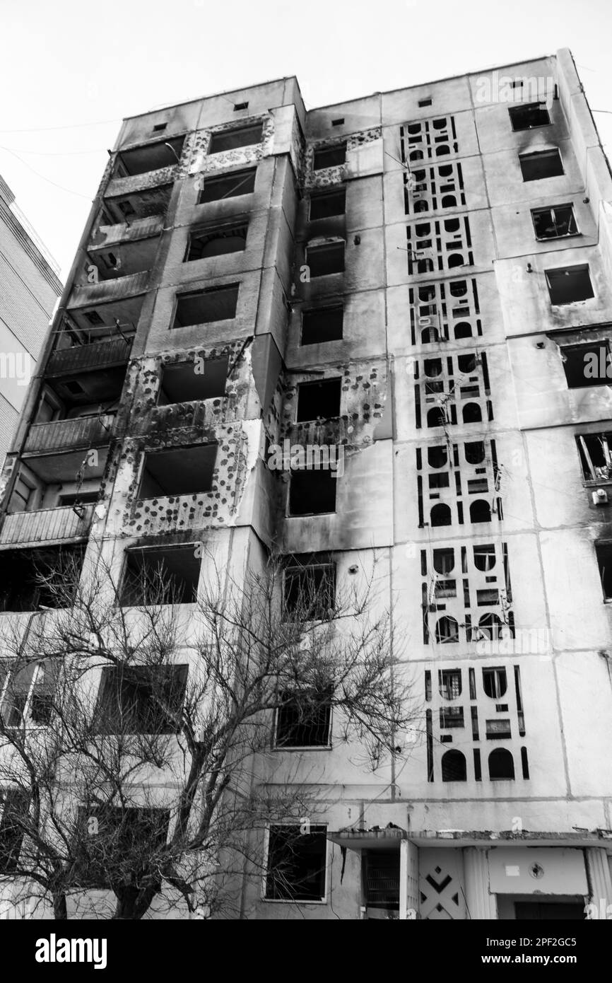 Facade of a building that burned down following artillery fire. Most ...
