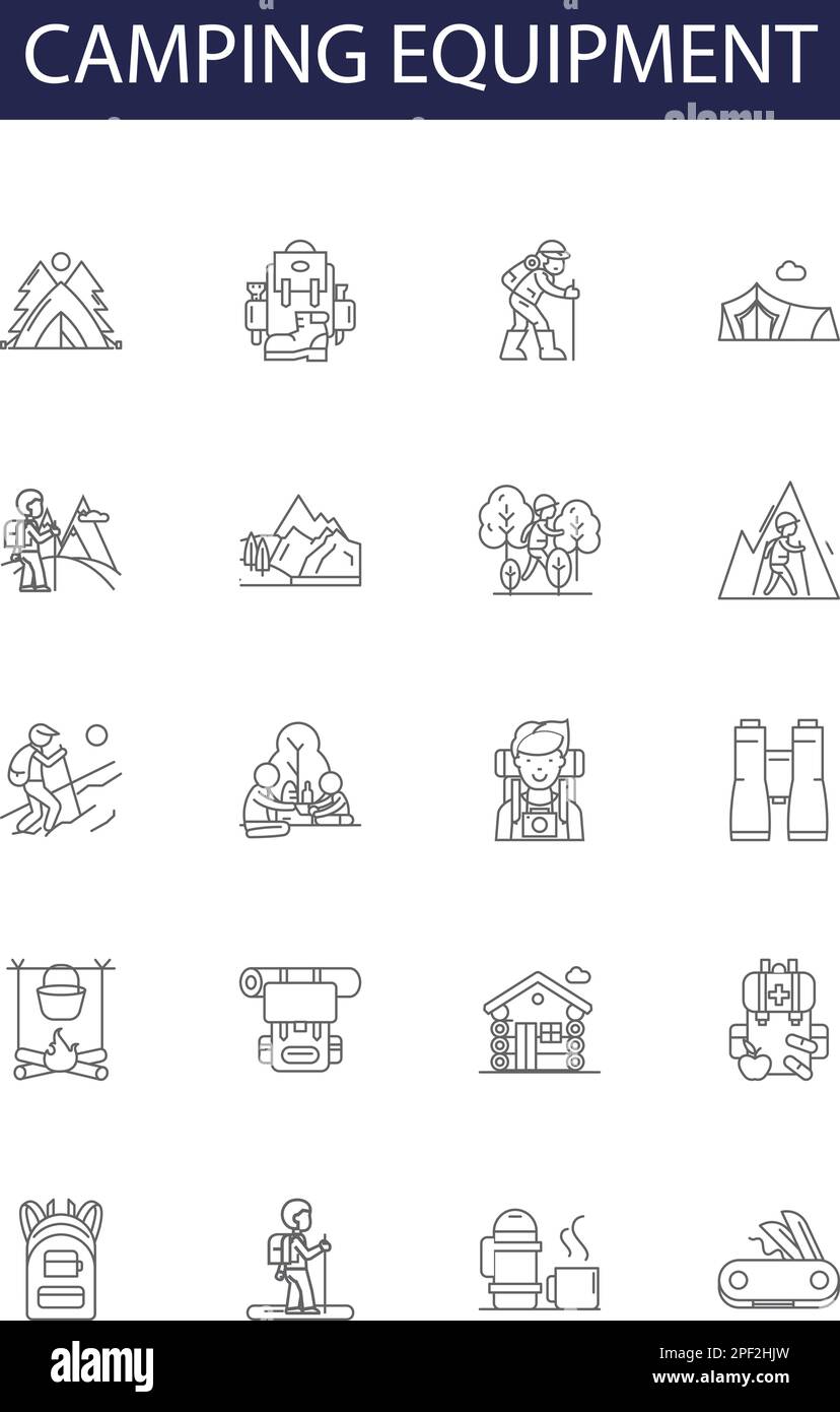 Camping equipment line vector icons and signs. Sleeping bag, Mat ...