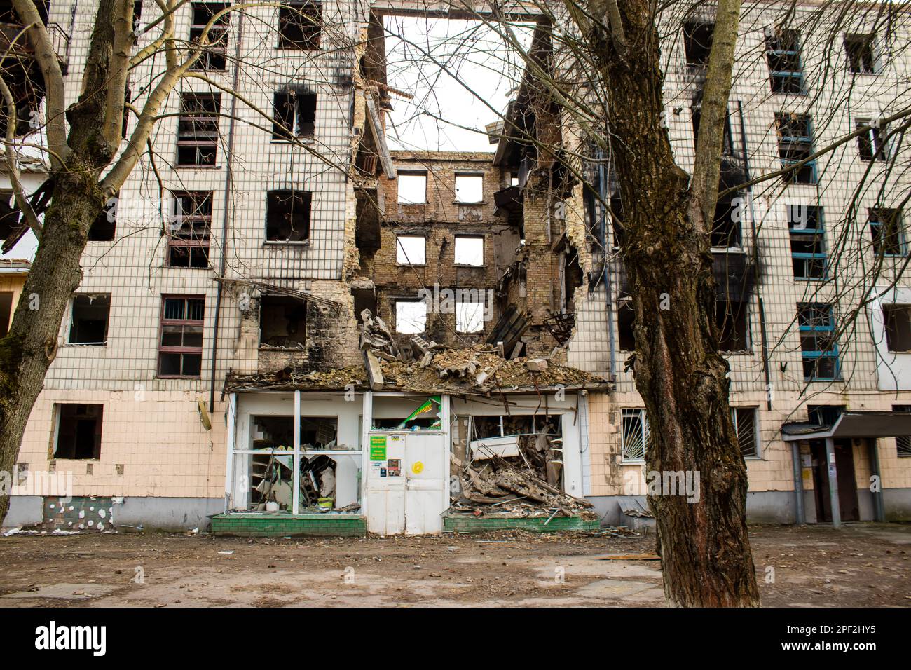 Facade of a building that burned down following artillery fire. Most ...