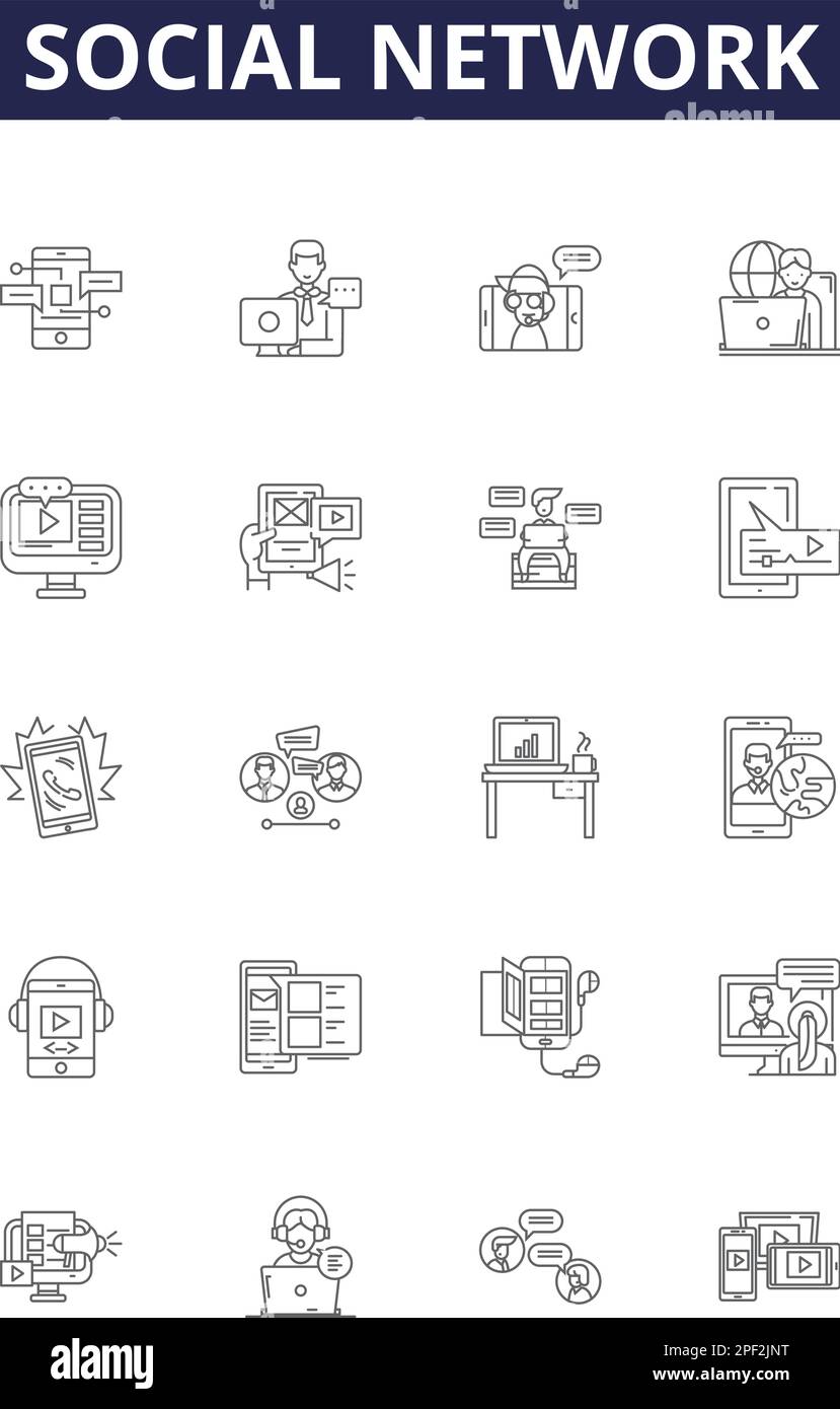 Social Network Line Vector Icons And Signs Community Media Connection Interaction Platform