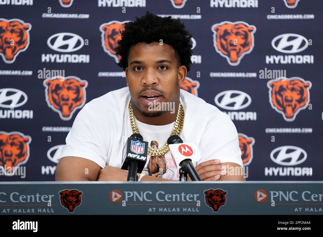 Chicago Bears new player defensive end DeMarcus Walker speaks during an ...