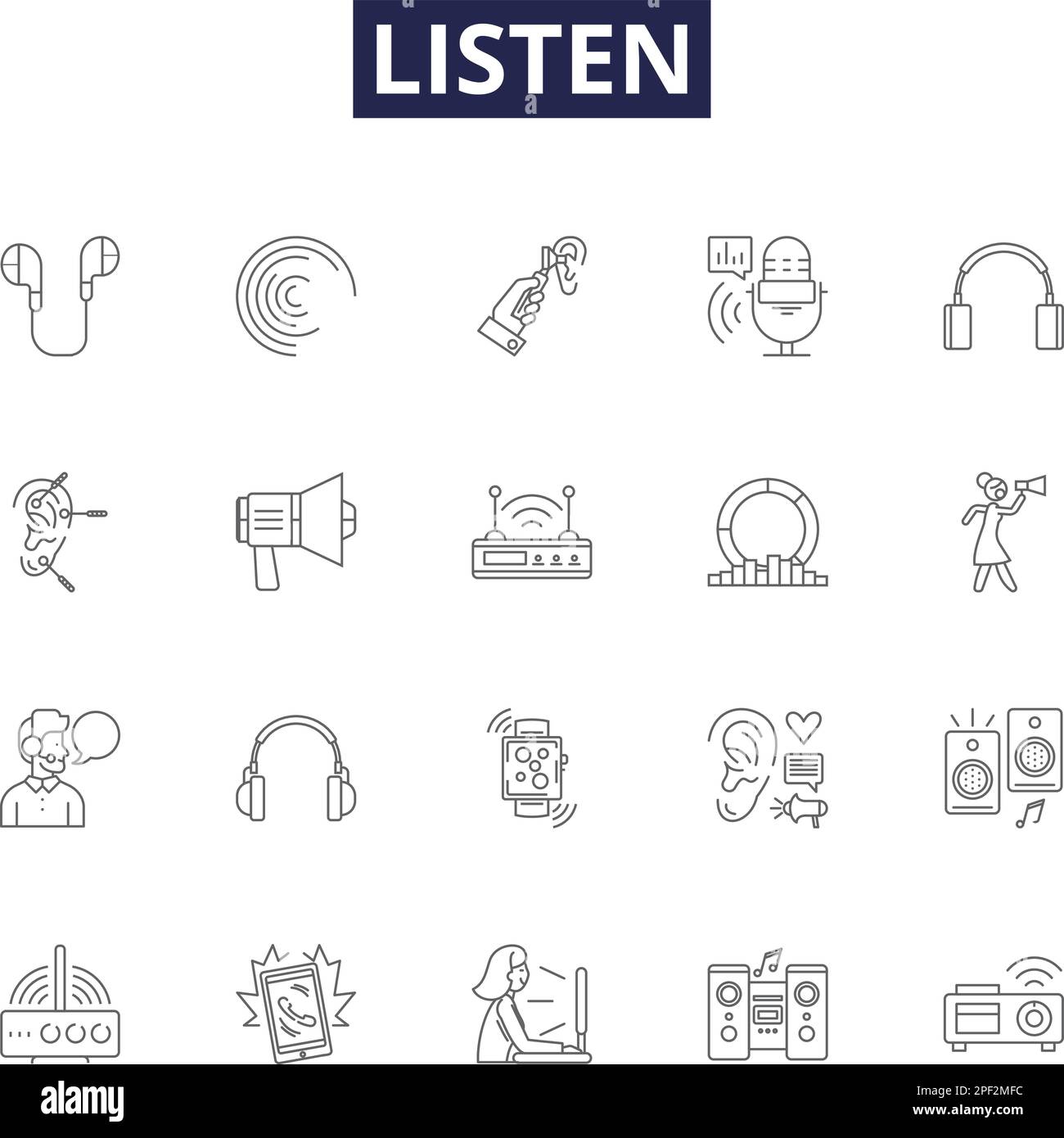 Listen line vector icons and signs. Attend, Obey, Comprehend, Eavesdrop ...