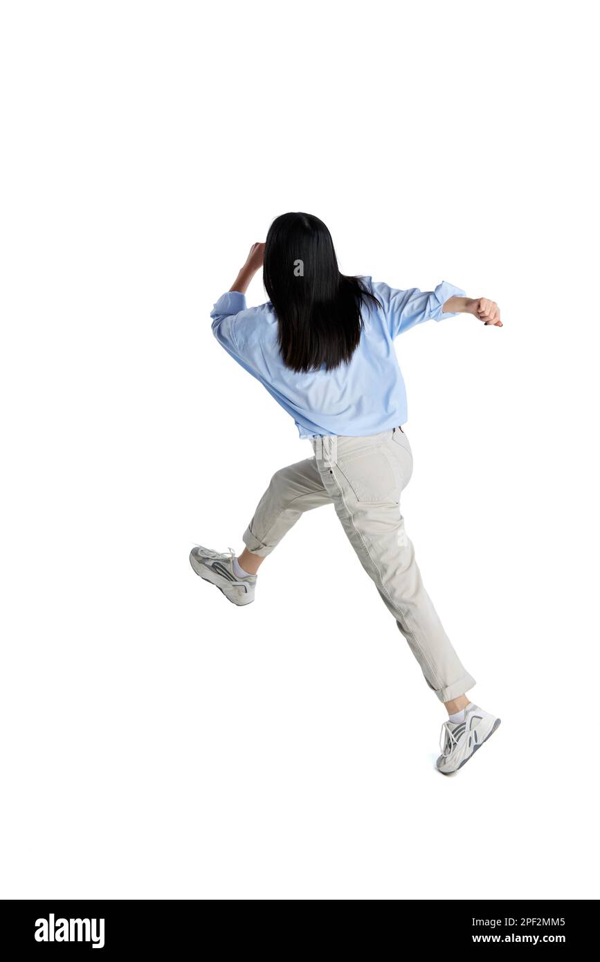 Top isometric back view. Young girl in shirt and jeans running forward ...