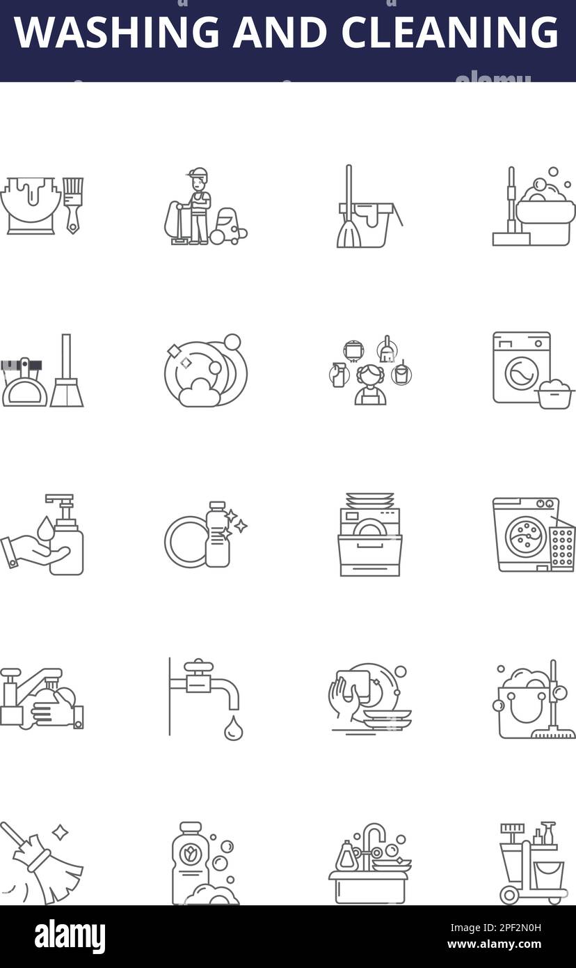 Washing and cleaning line vector icons and signs. Scrubbing, Mopping ...