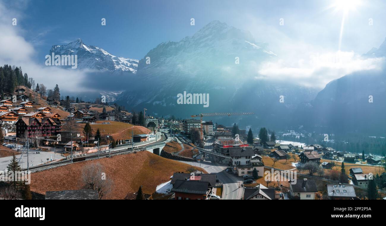 Aerial panorama of the Grindelwald, Switzerland village view near Swiss ...