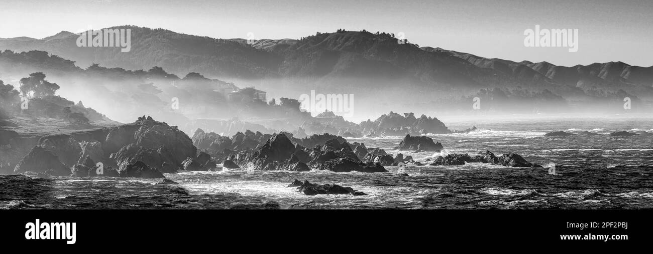 pacific coastline at seventeen mile drive in fog, Pebble Beach, USA ...