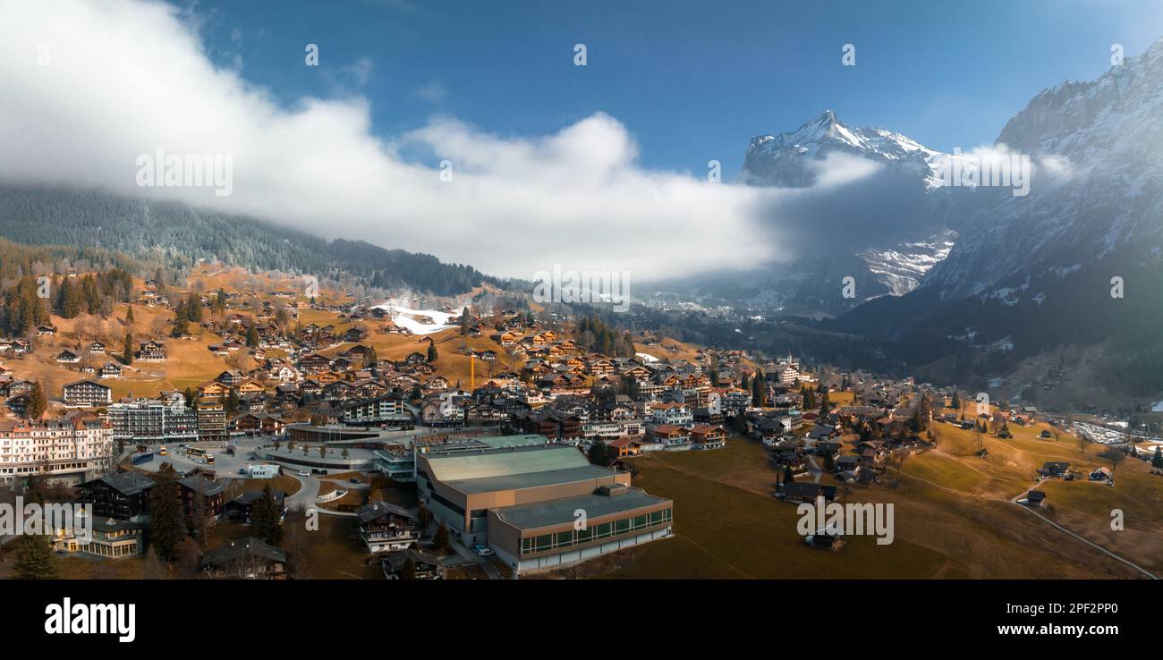 Aerial panorama of the Grindelwald, Switzerland village view near Swiss ...