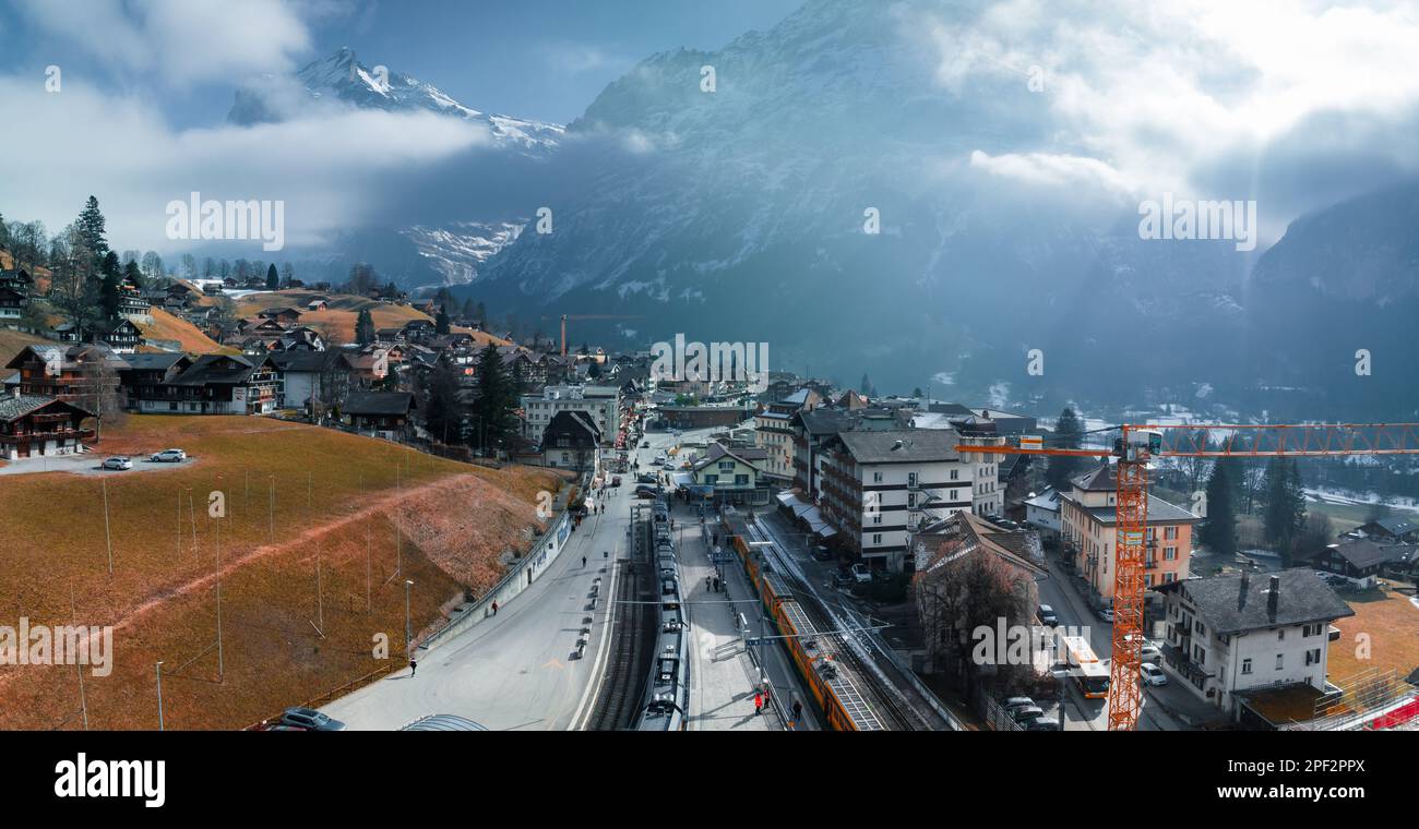 Aerial panorama of the Grindelwald, Switzerland village view near Swiss ...