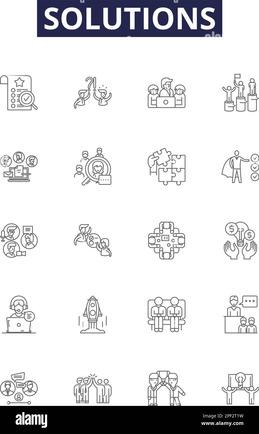 Solutions line vector icons and signs. Answers, Resolve, Solve, Address ...