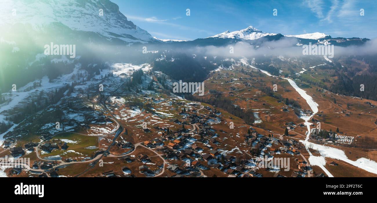Aerial panorama of the Grindelwald, Switzerland village view near Swiss ...
