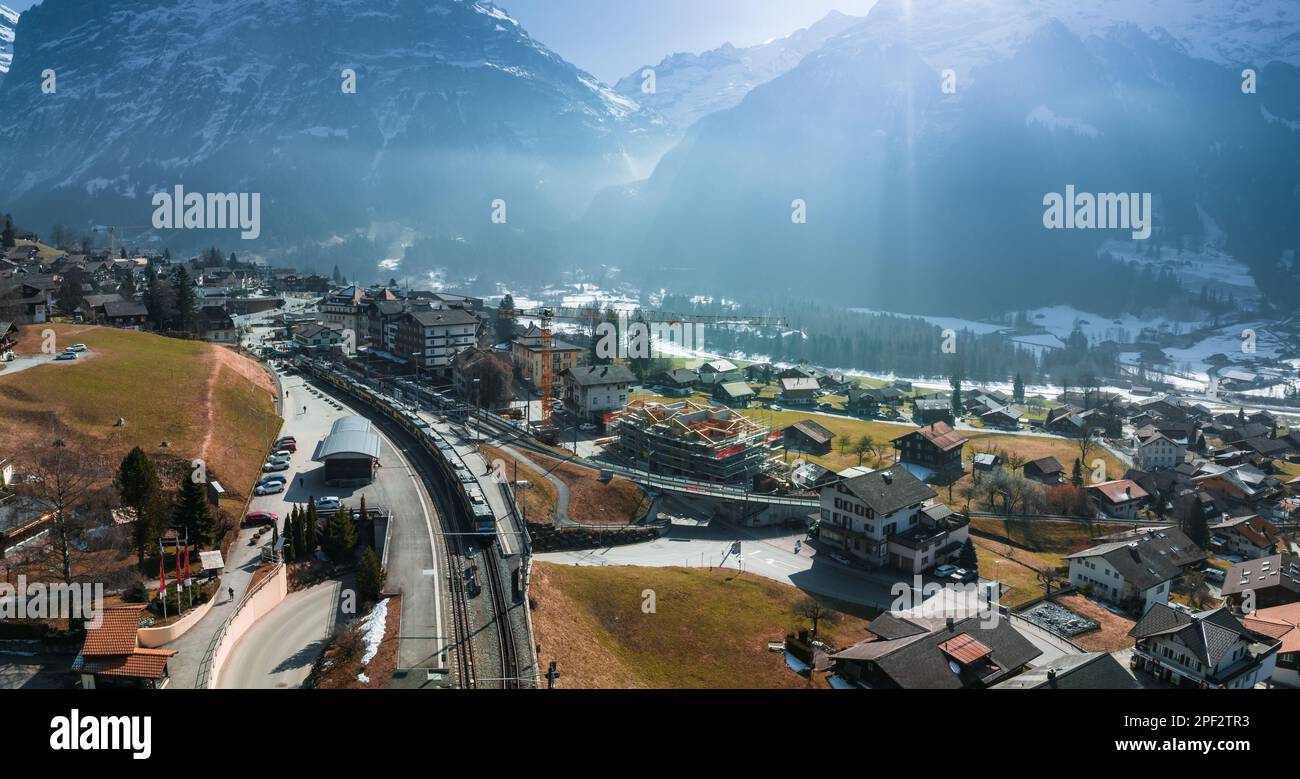 Aerial panorama of the Grindelwald, Switzerland village view near Swiss ...