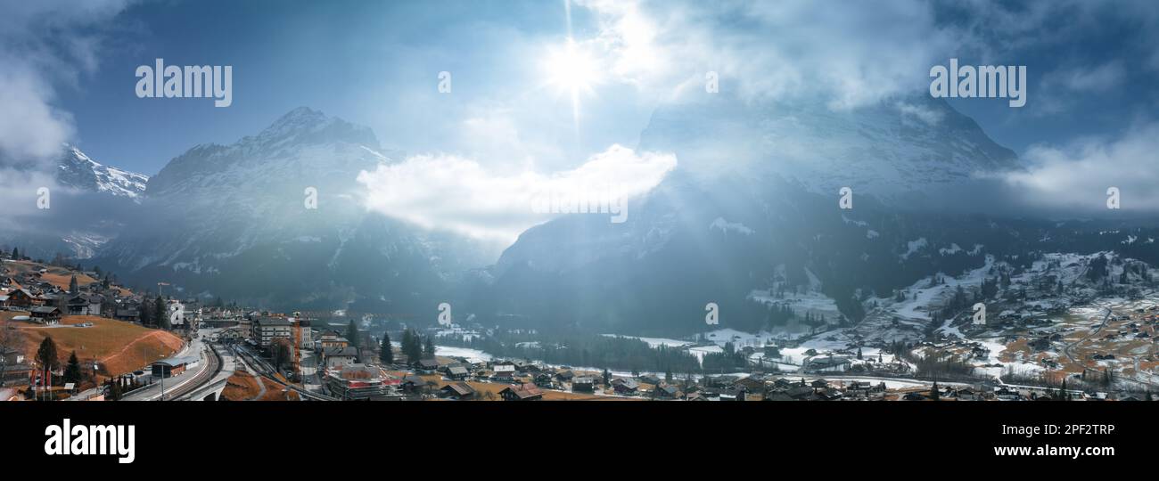 Aerial panorama of the Grindelwald, Switzerland village view near Swiss ...