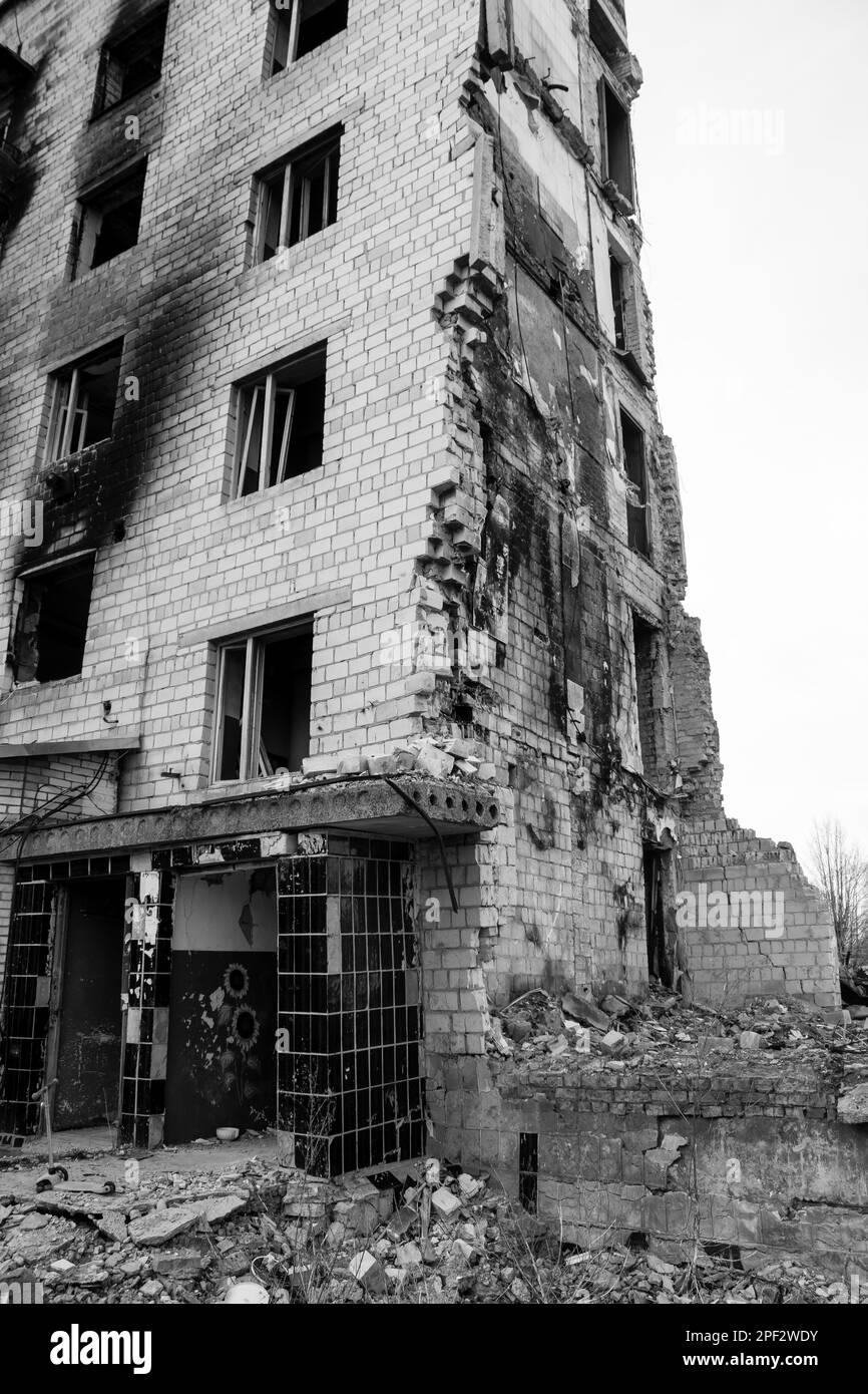 Facade of a building that burned down following artillery fire. Most ...