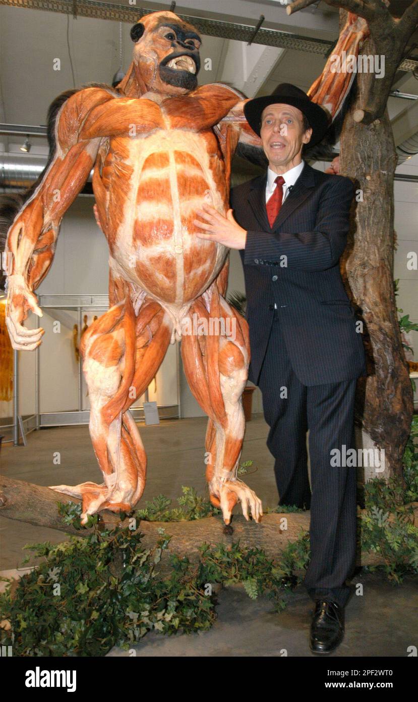German doctor Gunther von Hagens poses with a preserved monkey at the ...