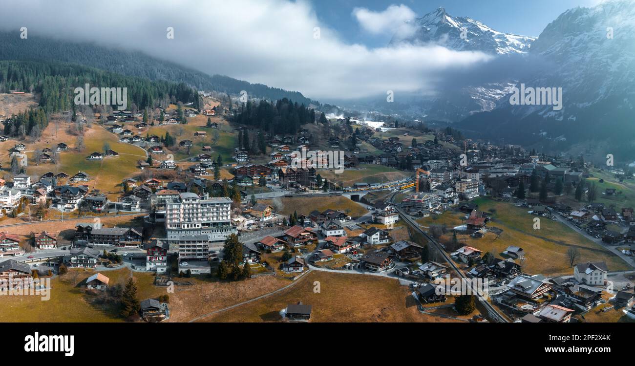 Aerial panorama of the Grindelwald, Switzerland village view near Swiss ...