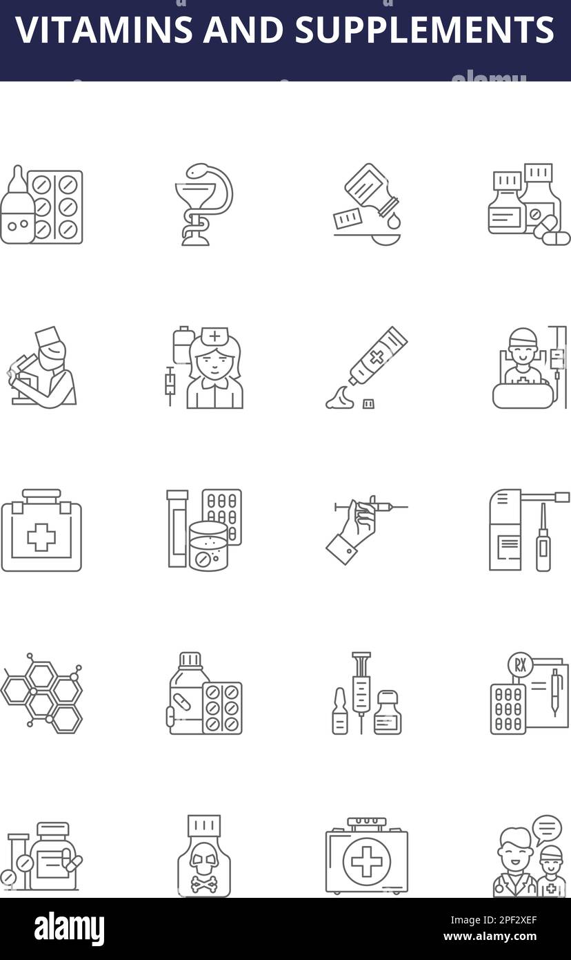Vitamins and supplements line vector icons and signs. Supplements ...