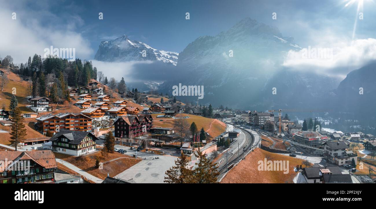 Aerial panorama of the Grindelwald, Switzerland village view near Swiss ...