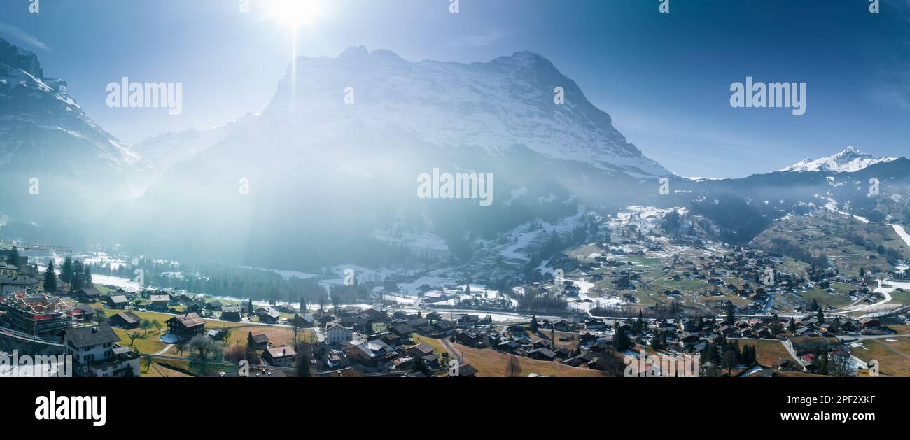 Aerial panorama of the Grindelwald, Switzerland village view near Swiss ...