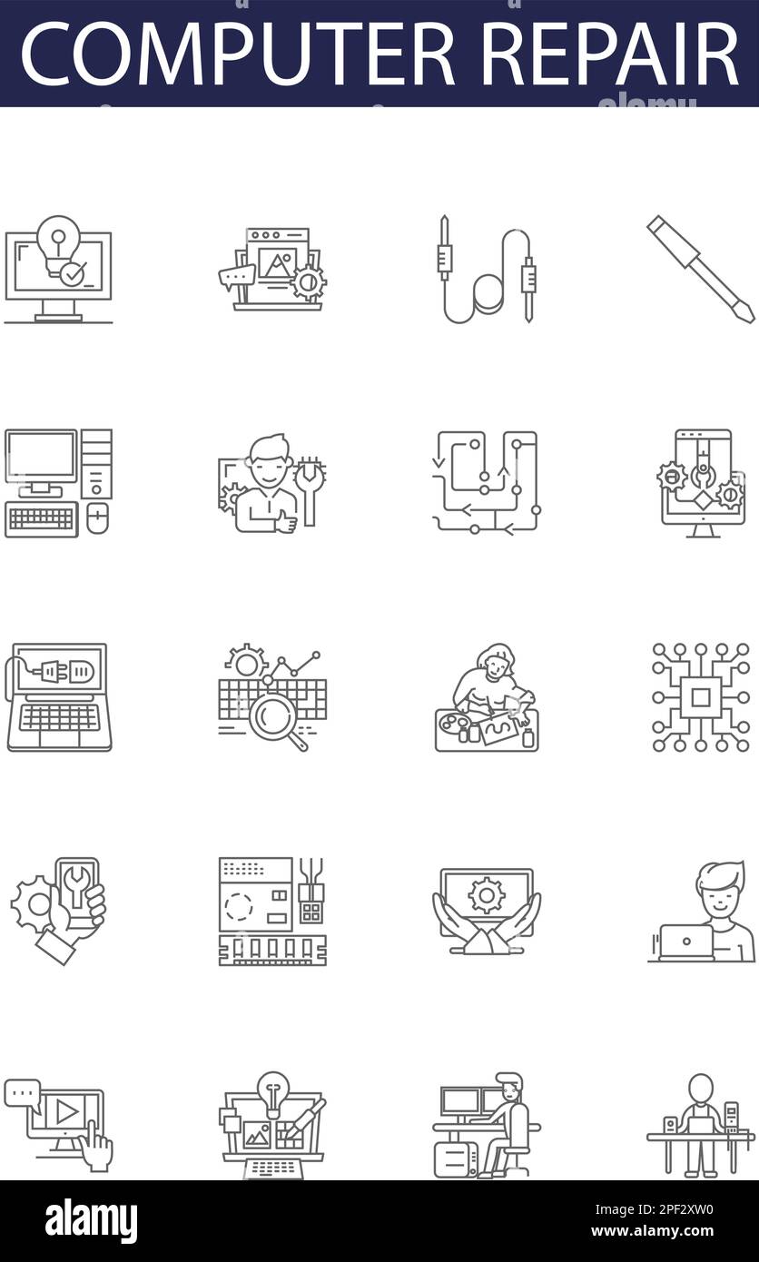 Computer repair line vector icons and signs. Laptop, Desktop, Troubleshoot, Virus, Malware ...