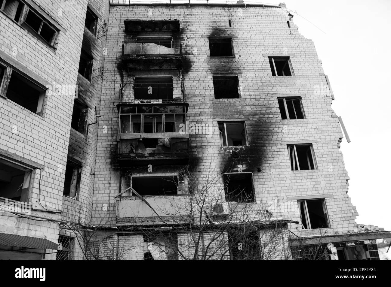 Facade of a building that burned down following artillery fire. Most ...