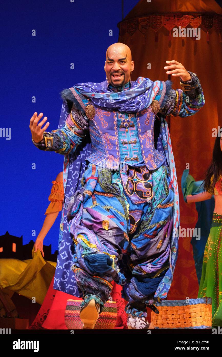 Madrid, Spain. 16th Mar, 2023. David Comrie performs during the musical 'Aladdin', at the Teatro ...