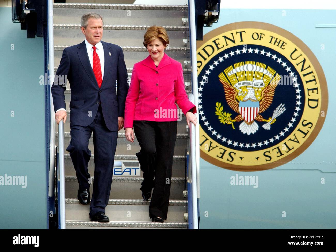 President Bush and first lady Laura Bush arrive at the Mariano Escobedo ...