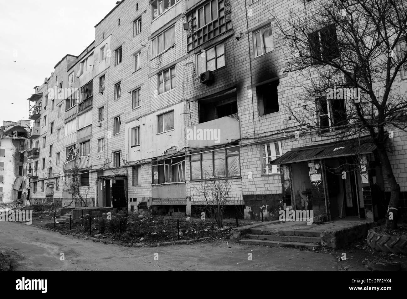 Facade of a building that burned down following artillery fire. Most ...