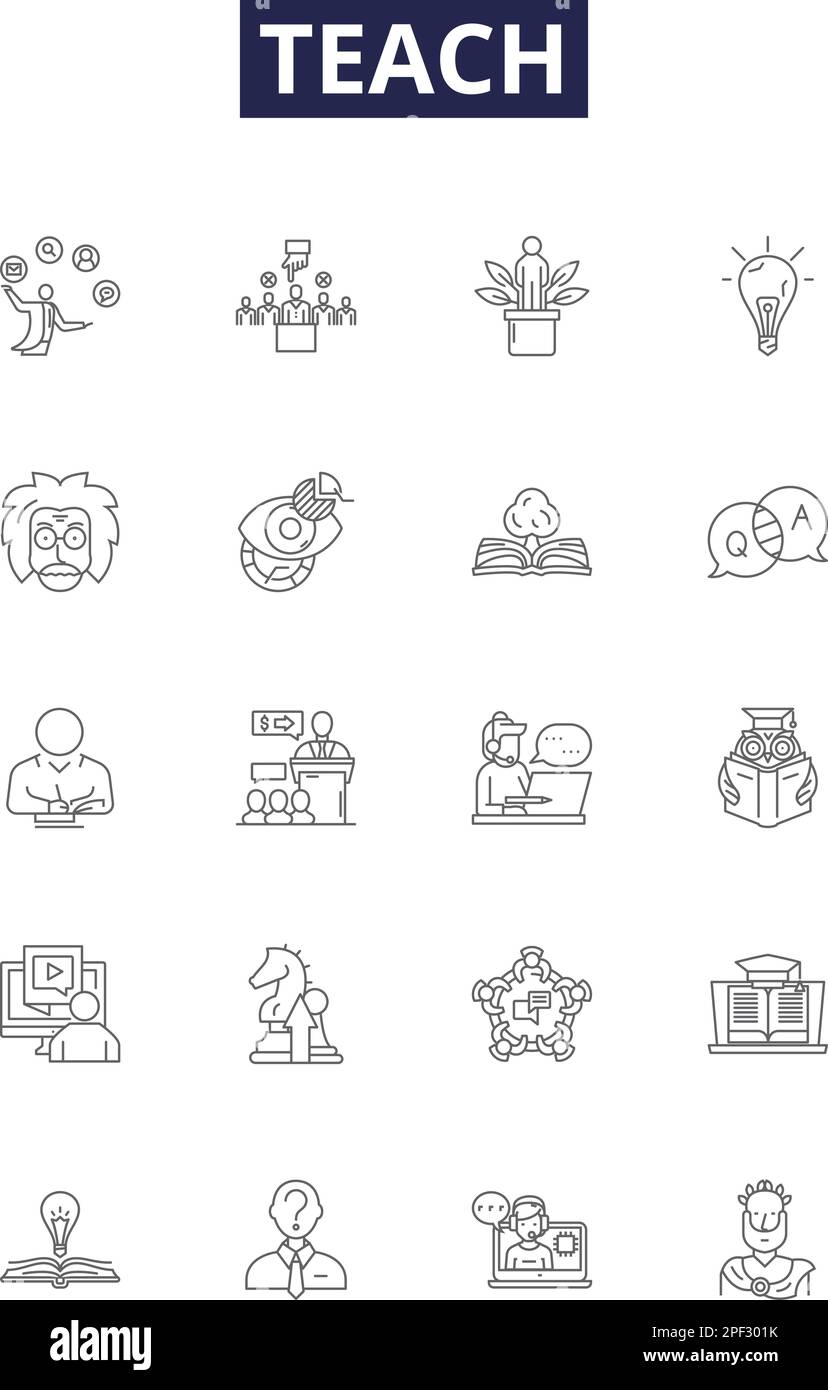 Teach line vector icons and signs. Guide, Educate, Tutor, Coach, Show ...