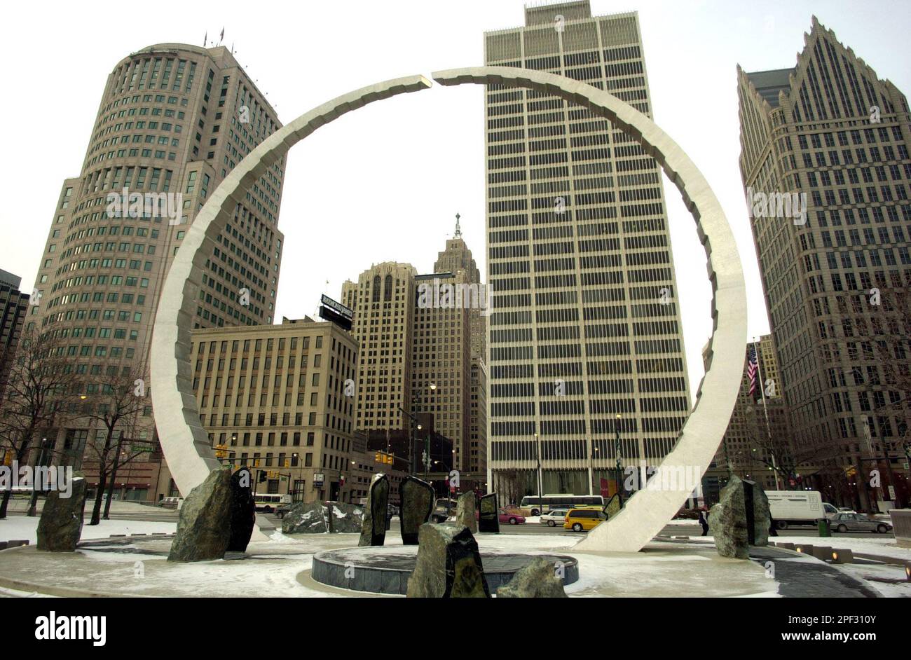 Part of the Detroit skyline is seen through The Labor Legacy Project ...