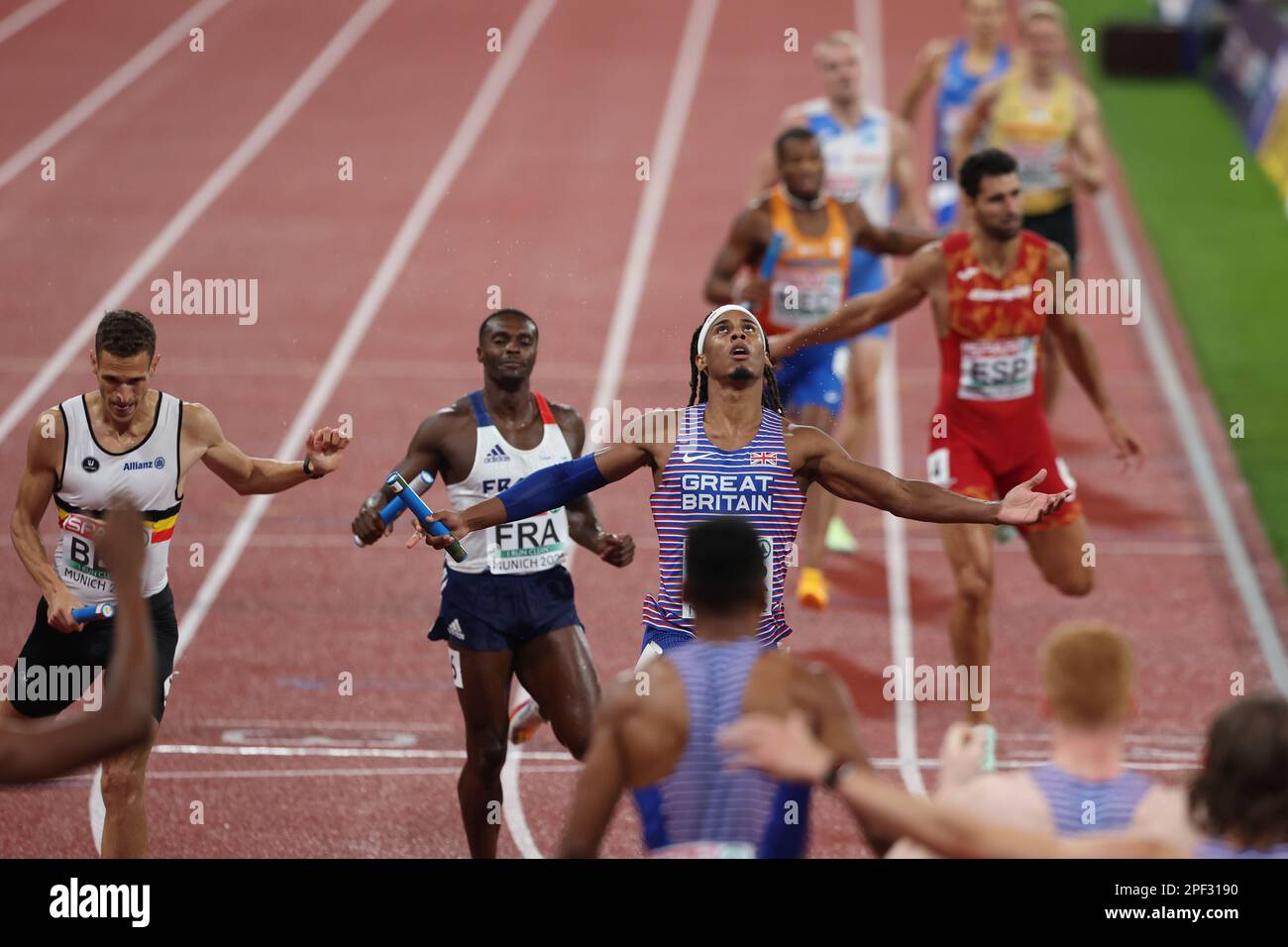 Alex HAYDOCK-WILSON celebrating as he leads in the Great Britain Team to win the 4 * 400m Relay ...