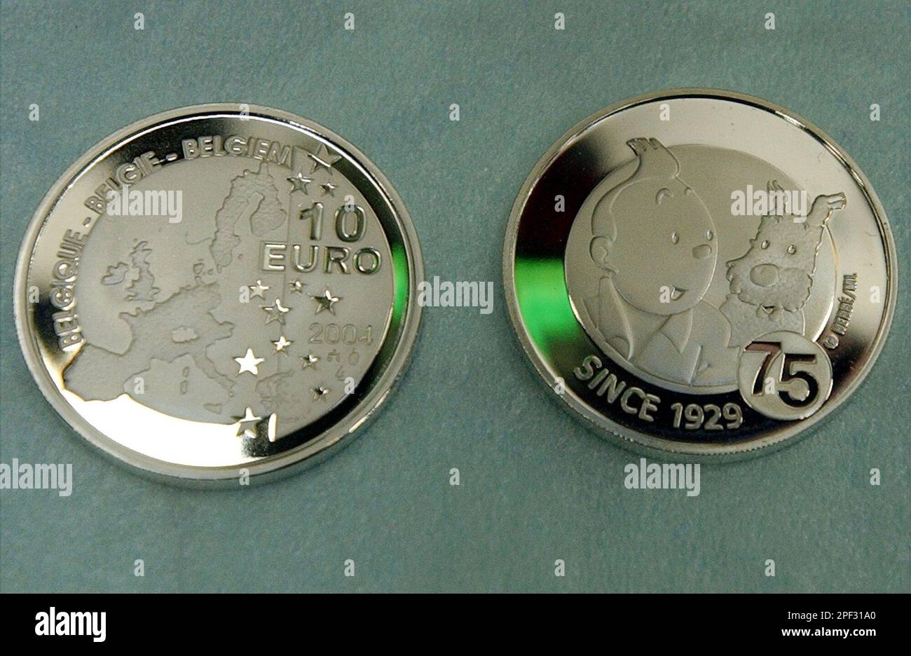 Two silver 10 Euro coins are displayed to celebrate the 75th birthday ...