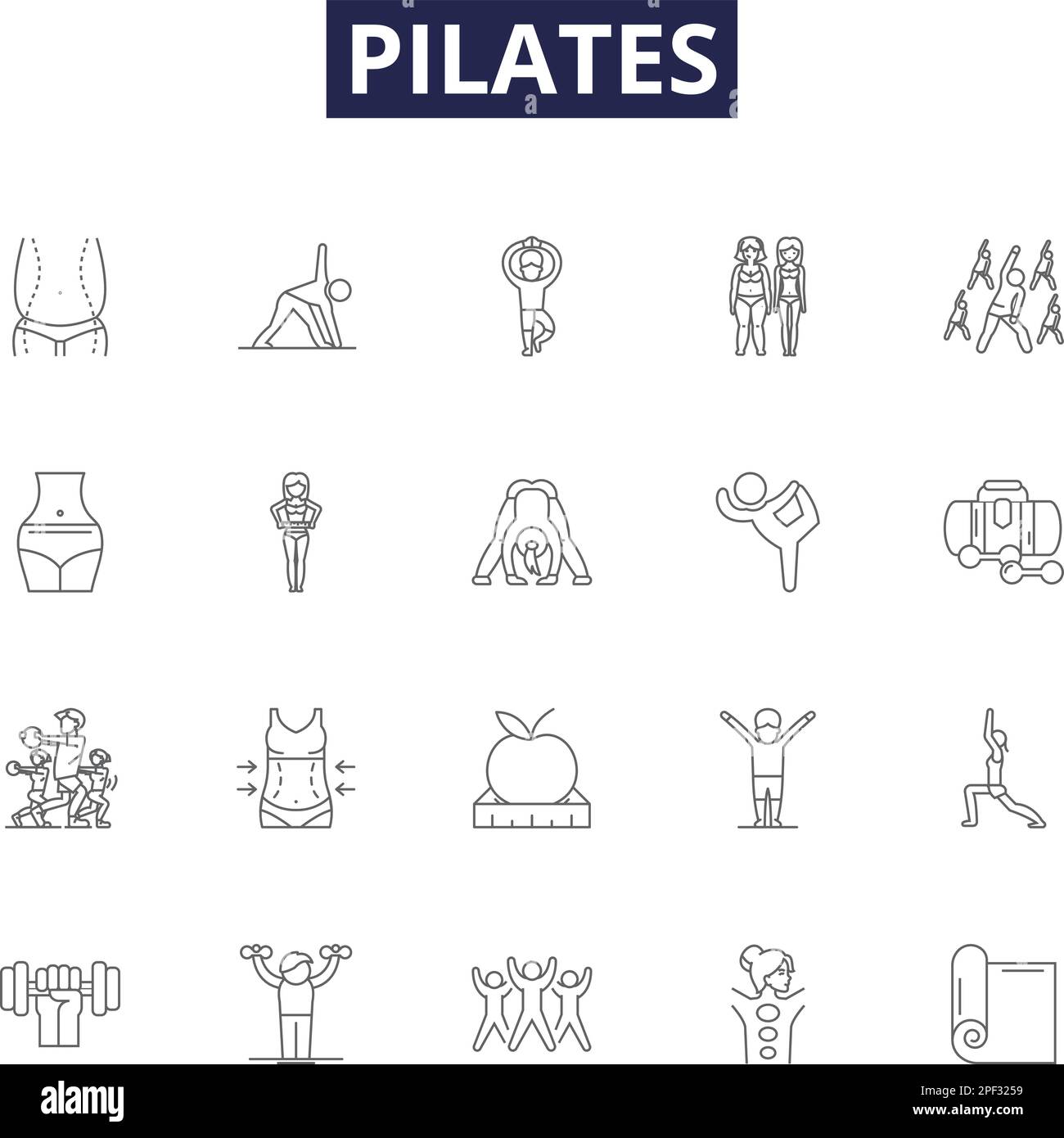 Pilates line vector icons and signs. Reformer, Mat, Contrology, Balance ...