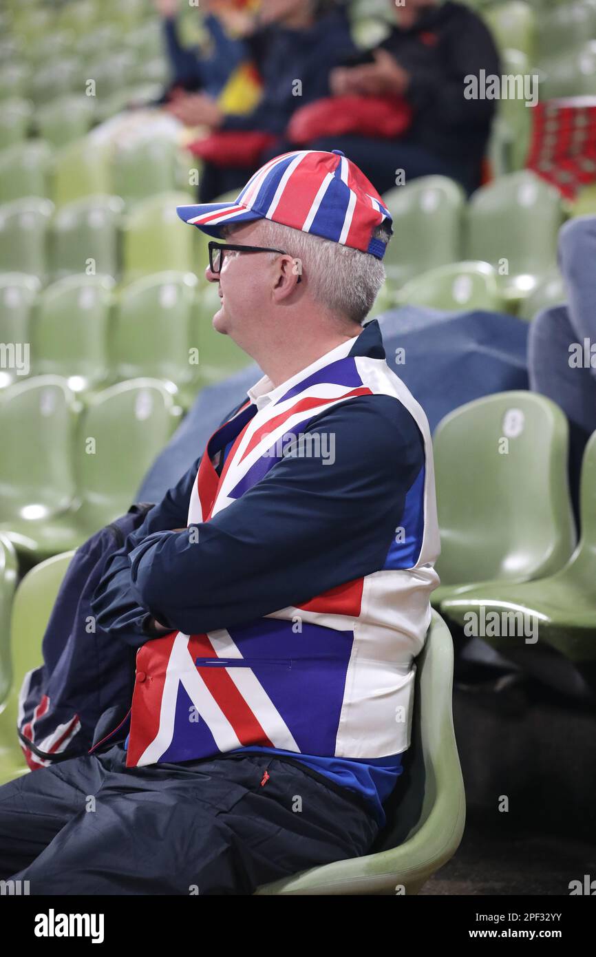 A Great Britain fan wearing a Union Jack waistcoat and union jack hat ...