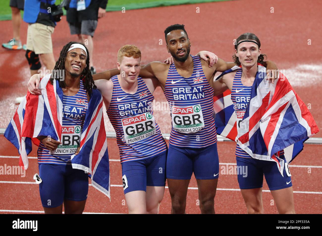 The Men's Great Britain 4 * 400m Relay Team celebrating after winning the Gold Medal at the ...