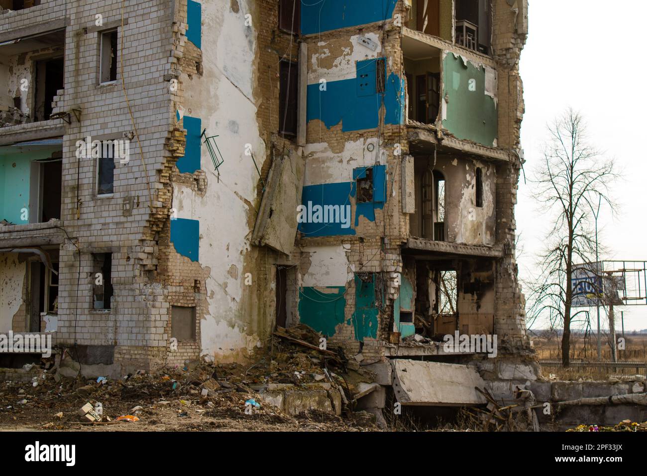 Facade of a building that burned down following artillery fire. Most ...