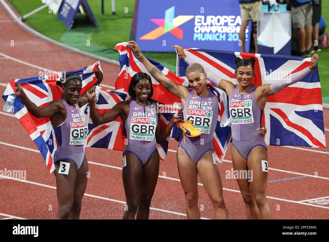 The Women's Great Britain 4 * 400m Relay Team celebrating after winning the Bronze Medal at the ...
