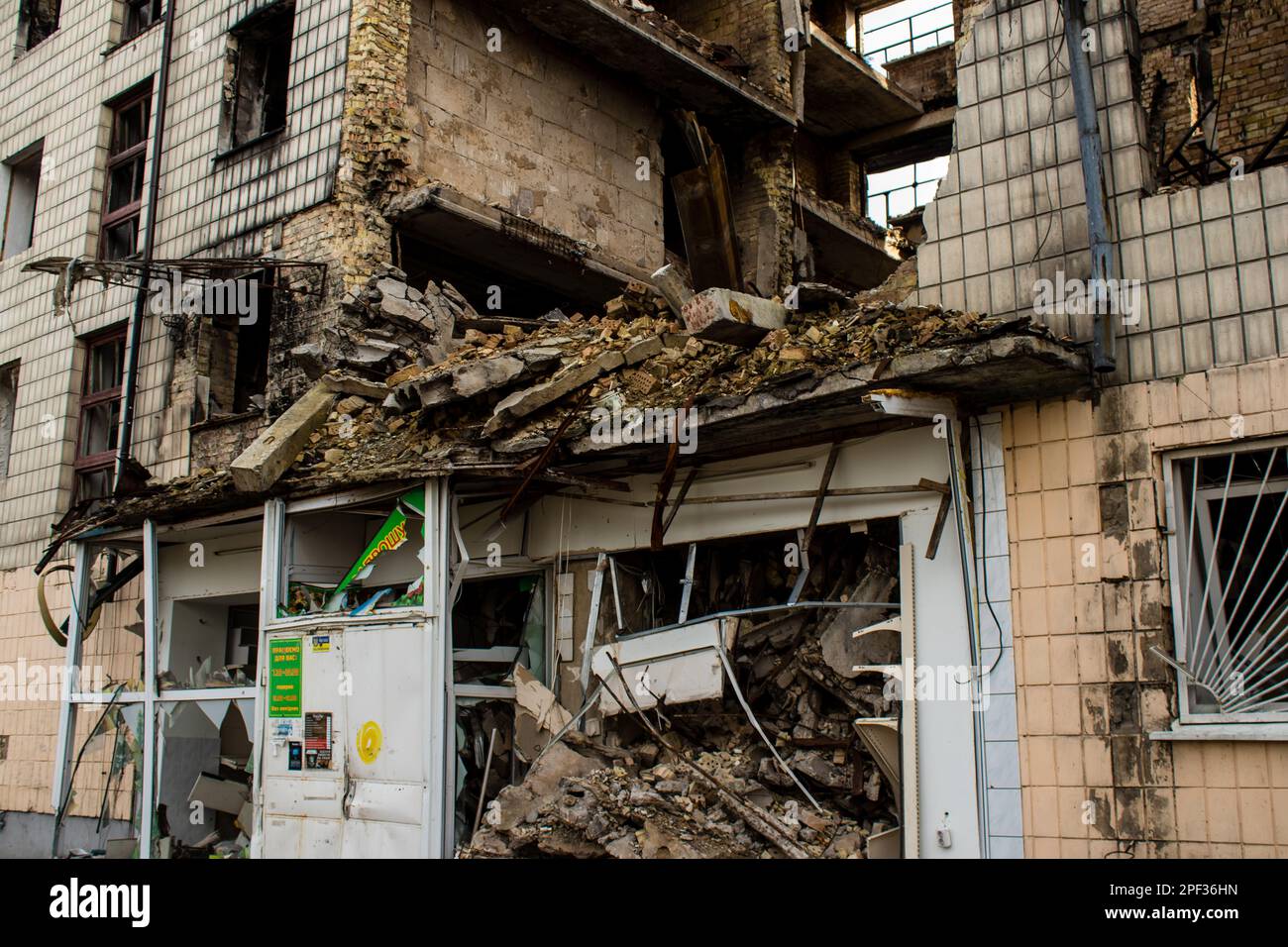 Facade of a building that burned down following artillery fire. Most ...