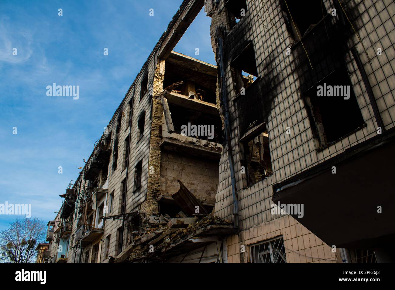 Facade of a building that burned down following artillery fire. Most ...