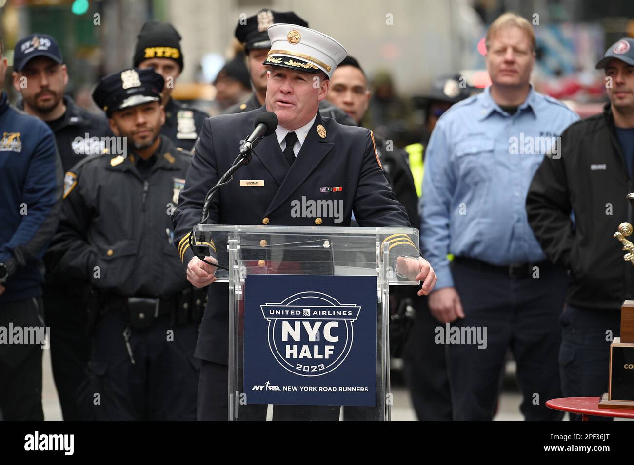 New York, USA. 16th Mar, 2023. Brian Gorman, FDNY Chief, speaks during the 2023 United Airlines ...