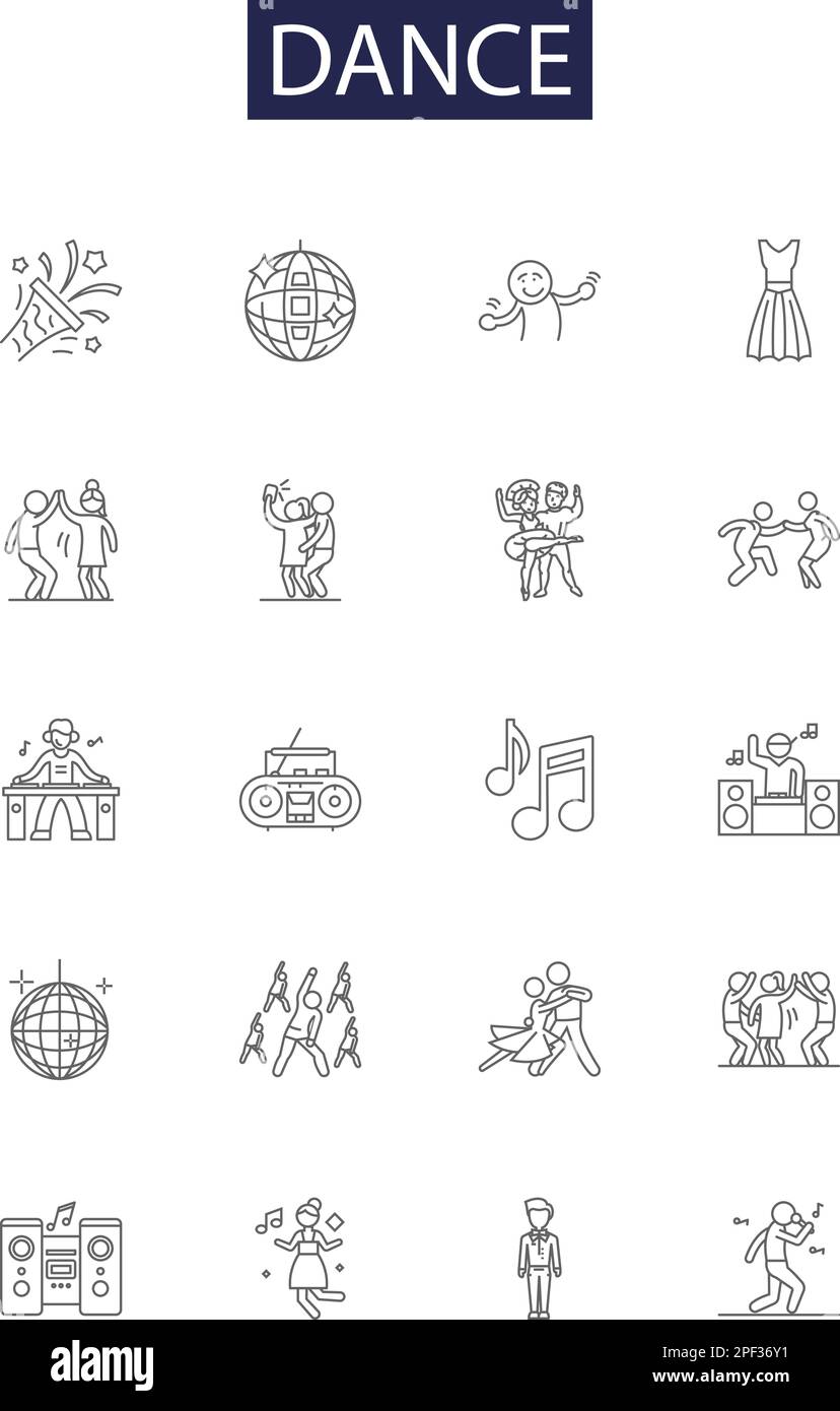 Dance line vector icons and signs. Waltz, Cha-cha, Salsa, Jazz, Tap, Bollywood, Mambo, Boogie ...