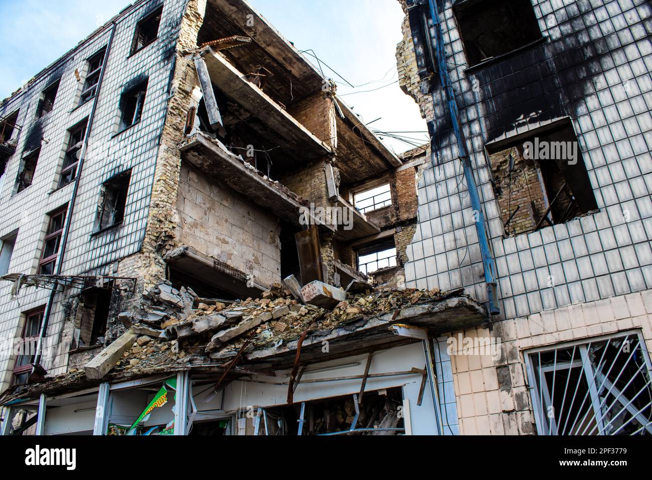 Facade of a building that burned down following artillery fire. Most ...