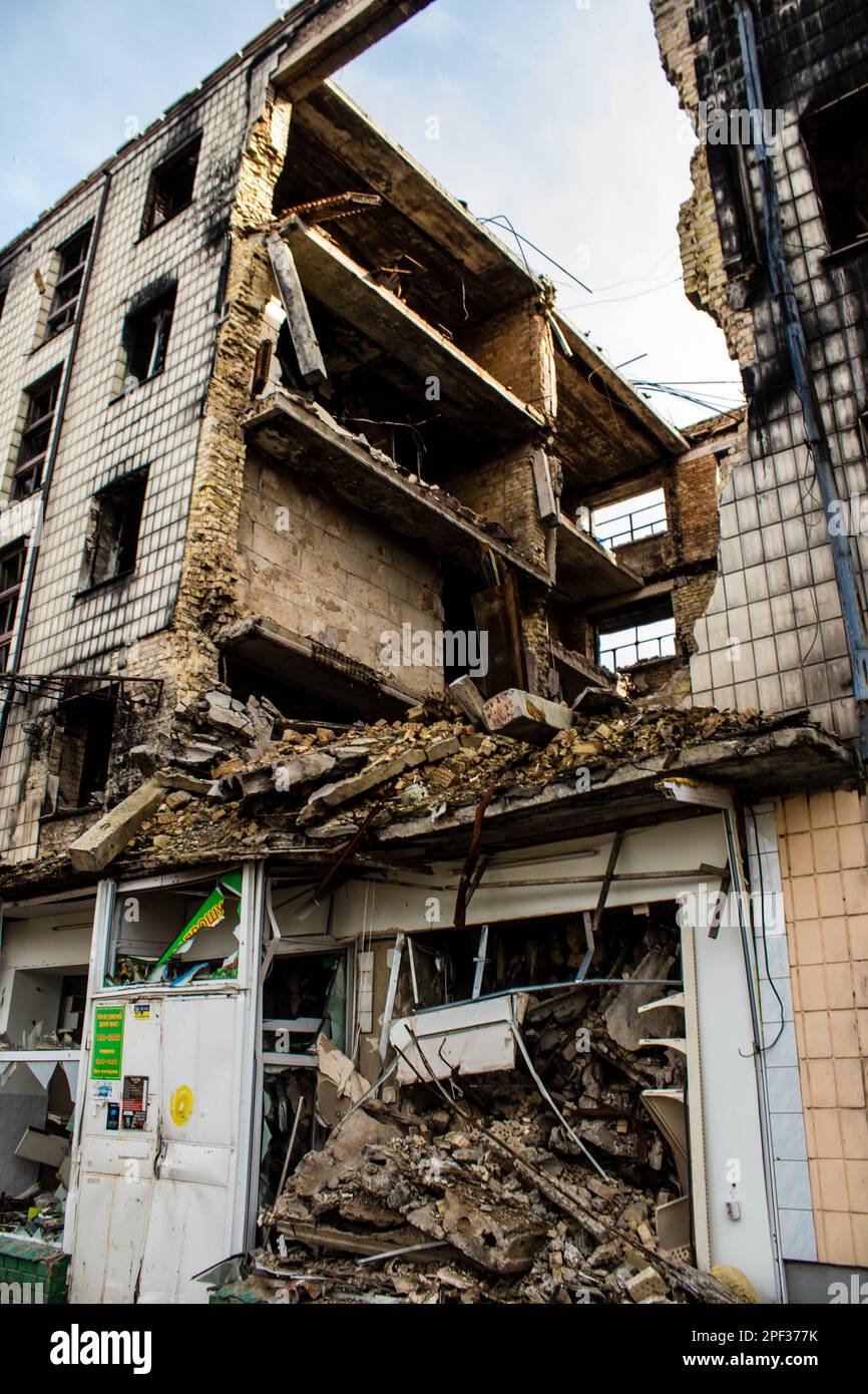 Facade of a building that burned down following artillery fire. Most ...