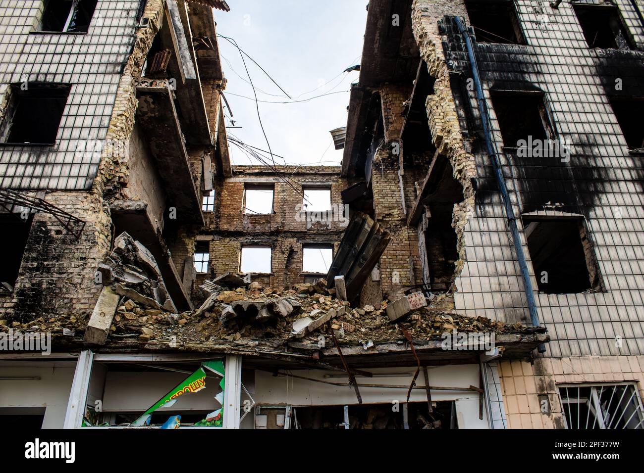 Facade of a building that burned down following artillery fire. Most ...