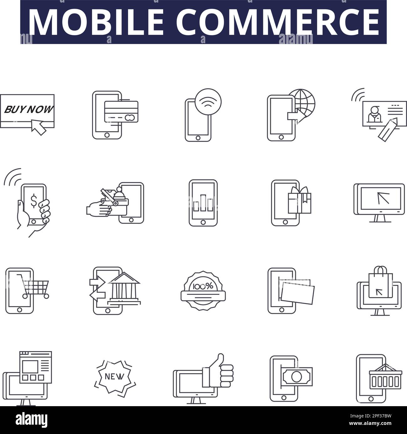 Mobile commerce line vector icons and signs. m-commerce, mobile, shopping, payment, buying ...